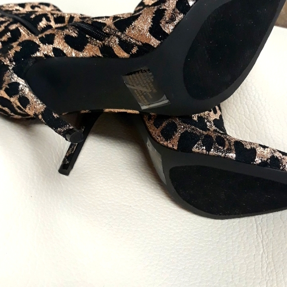 JustFab | Shoes | Shylan Leopard Print Stiletto Bootie Metallic Gold ...
